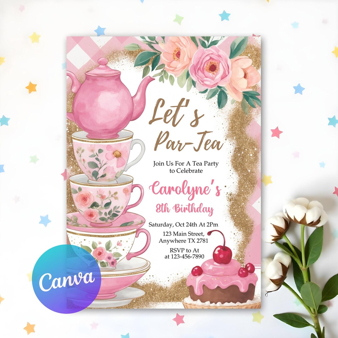 EDITABLE Tea Party Invitation, Par-tea Birthday Girl Invitation ...