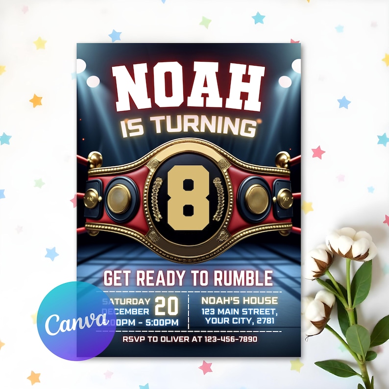 Wrestling Birthday Invitation Editable Championship Belt, Boxing MMA ...