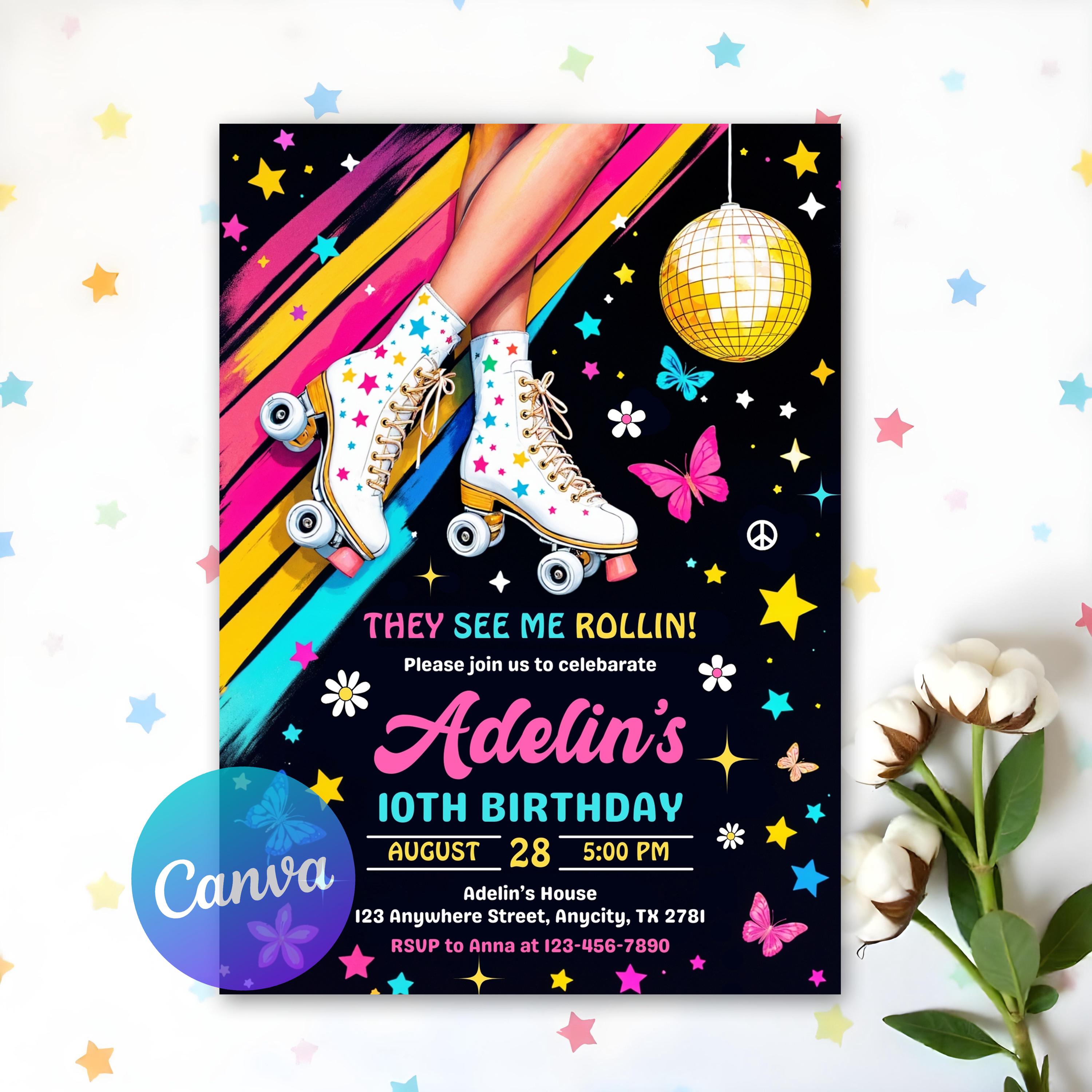 Retro Roller Skating Birthday Invitation, Rollerblade Skate Rink ...