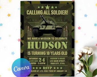 Camo Military Army Birthday Invitation Canva Template - Etsy