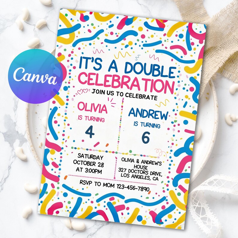 Boy Girl Joint Birthday Party Invitation, Colored Confetti Birthday ...