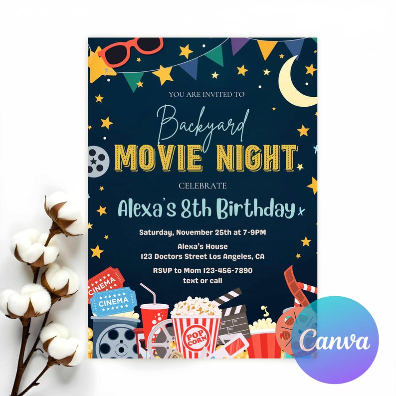 Editable Movie Night Invitation, Backyard Movie Night Invite, Movie ...