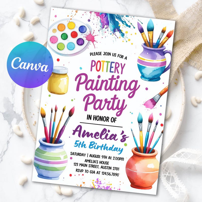 Pottery Painting Birthday Invitation, Art Party Invitation, Paint Craft ...
