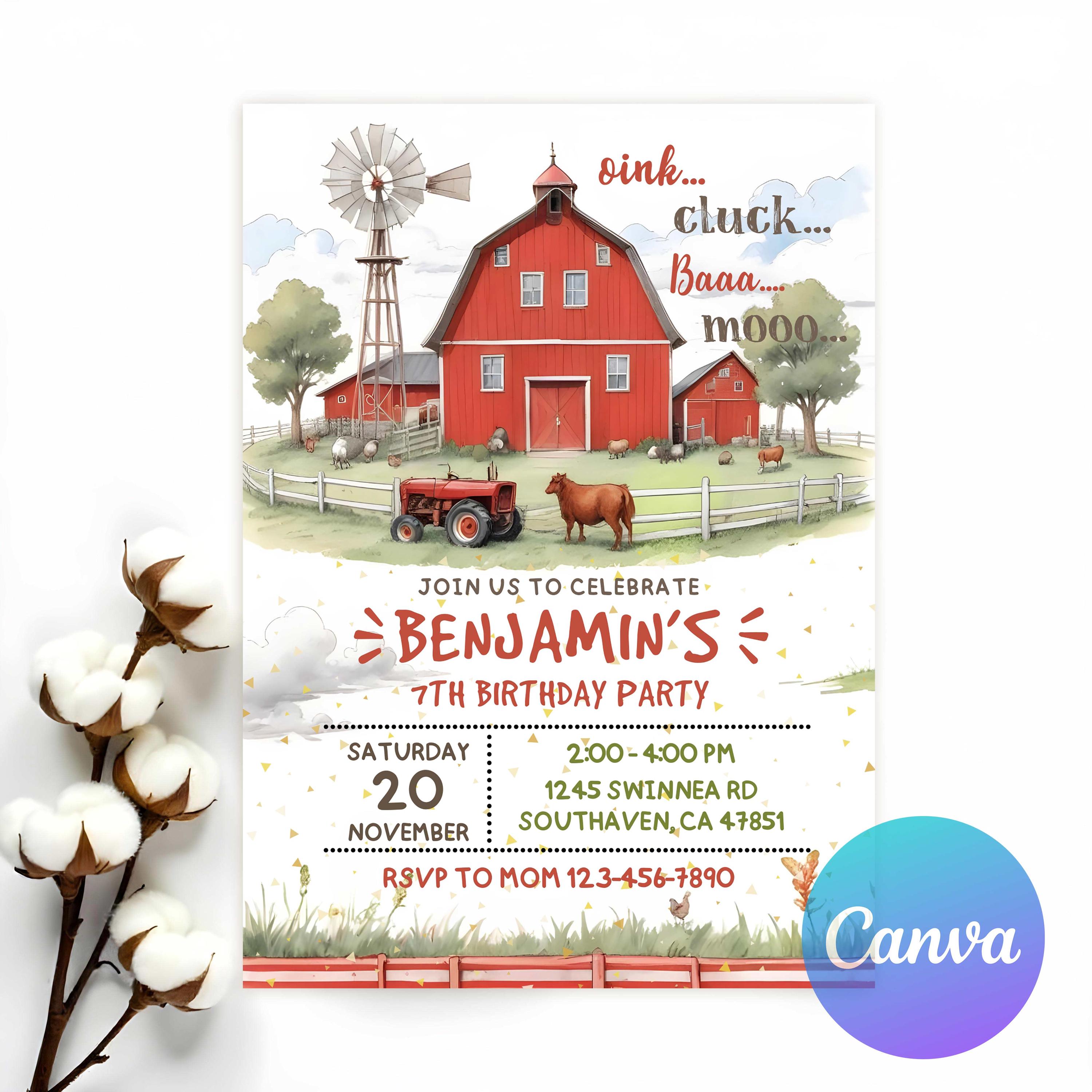 Editable Farm Birthday Invitation Template, Farm Animals Birthday ...
