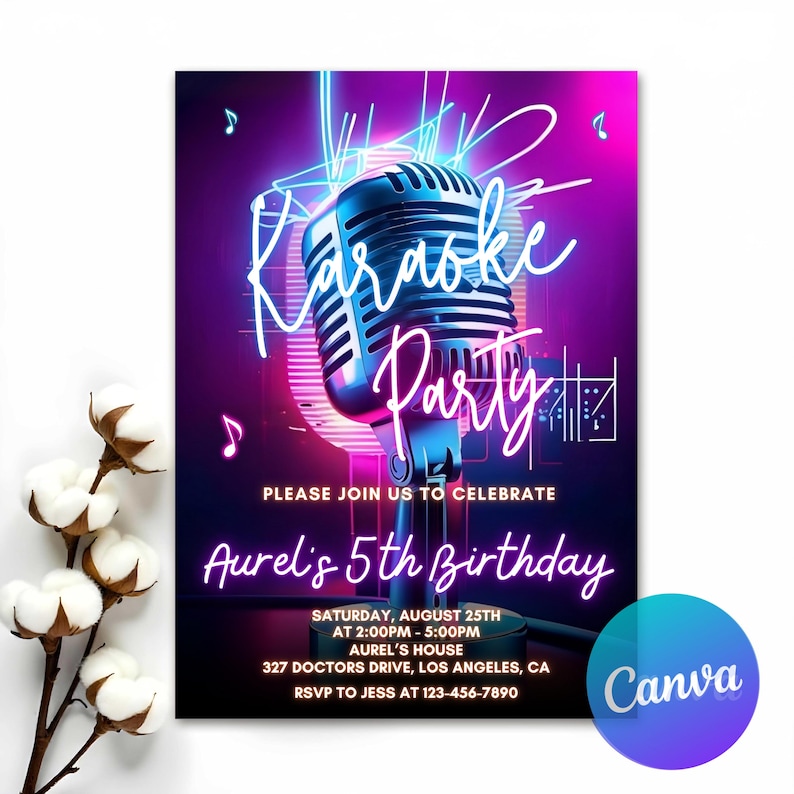 Karaoke Birthday Party Invitation, Neon Singing Music Party Invite ...