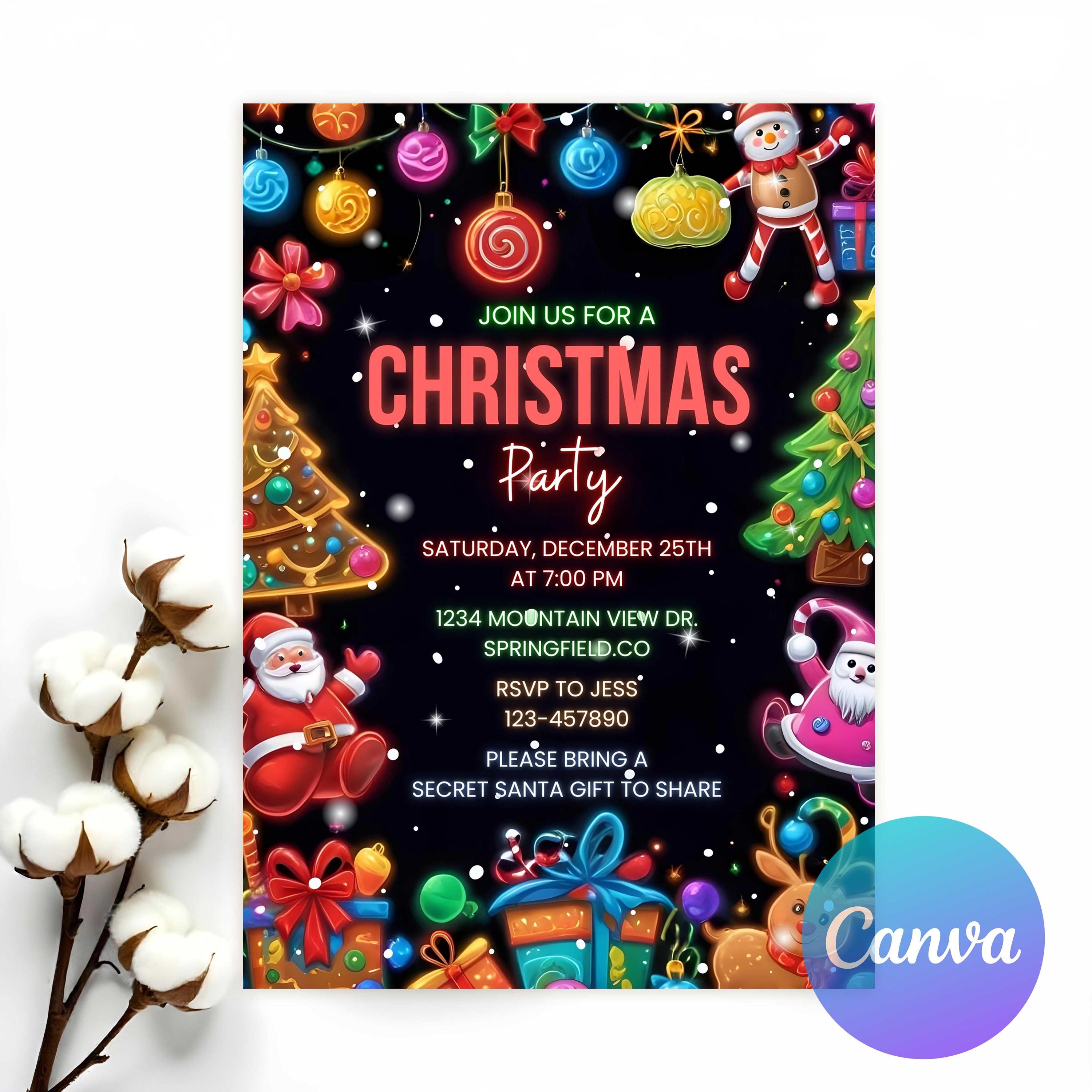Editable Neon Christmas Party Invitation, Glow Christmas Party Invite ...