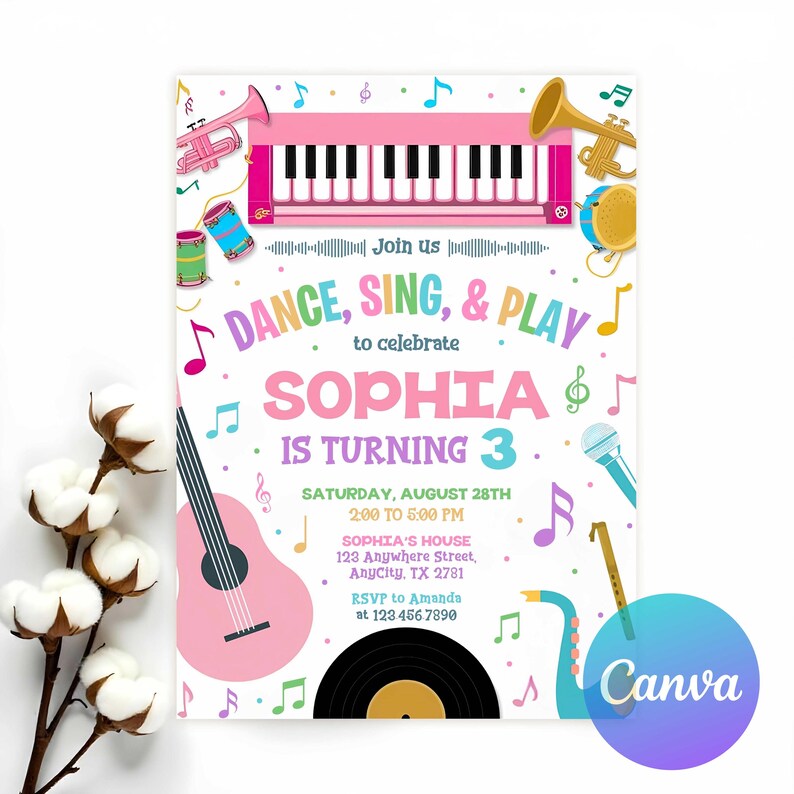 Editable Music Birthday Party Invitation, Kids Musical Instruments ...