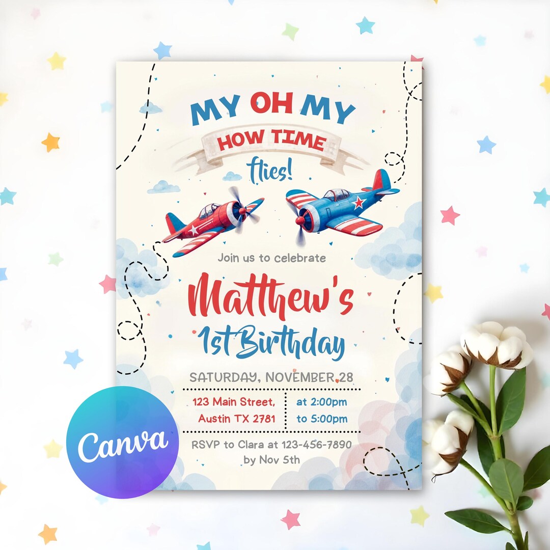 Editable Airplane Birthday Invitation, Time Flies Birthday Invitation ...