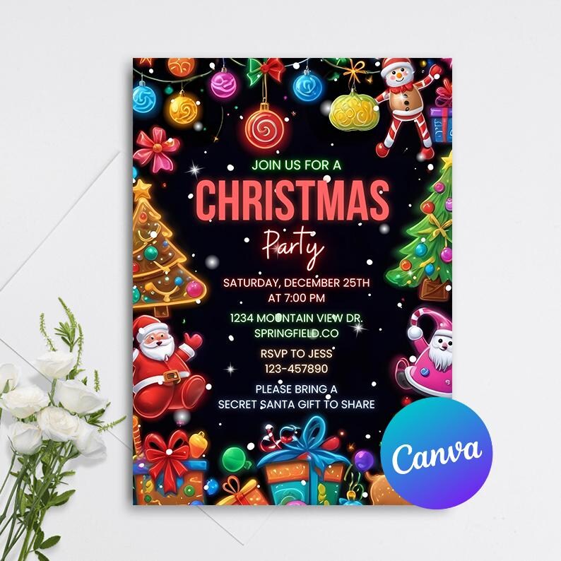 Editable Neon Christmas Party Invitation, Glow Christmas Party Invite ...