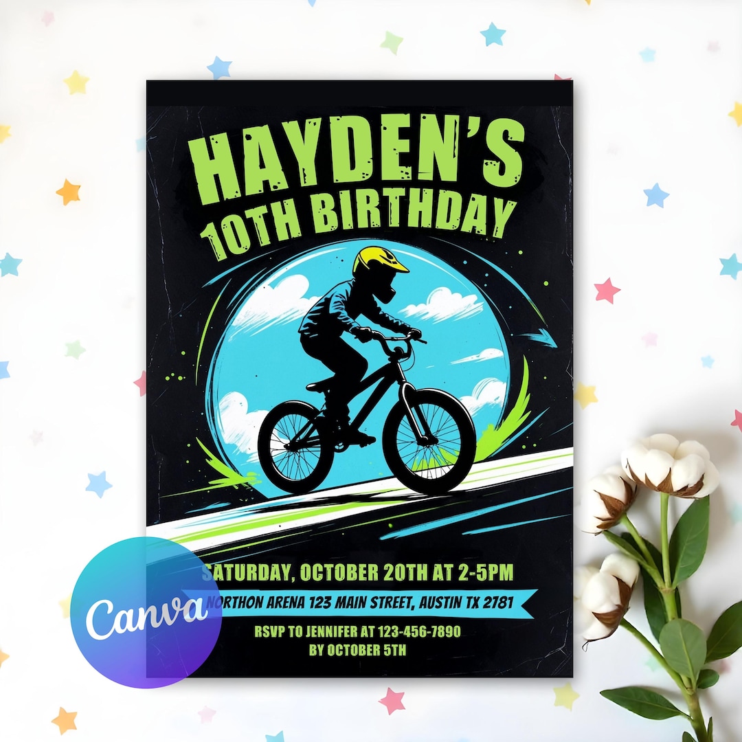 BMX Bike Birthday Invitation, Mountain Bike Party, Ride on Over Party ...