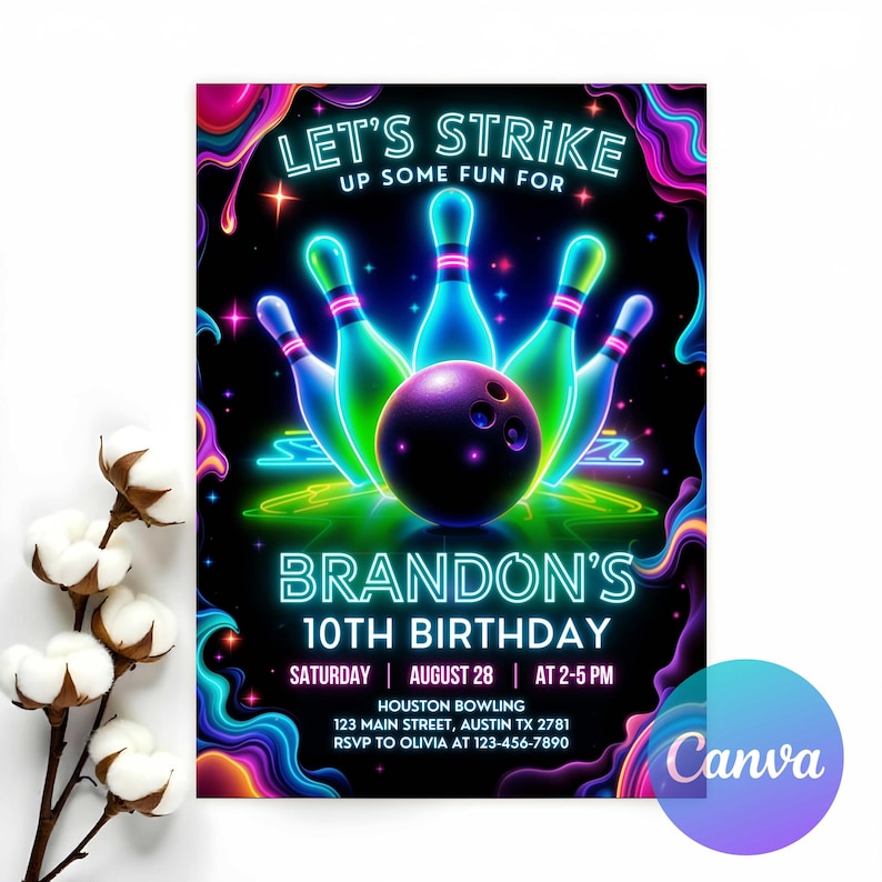 Editable Bowling Birthday Invitation, Glow Bowling Invitation, Neon ...