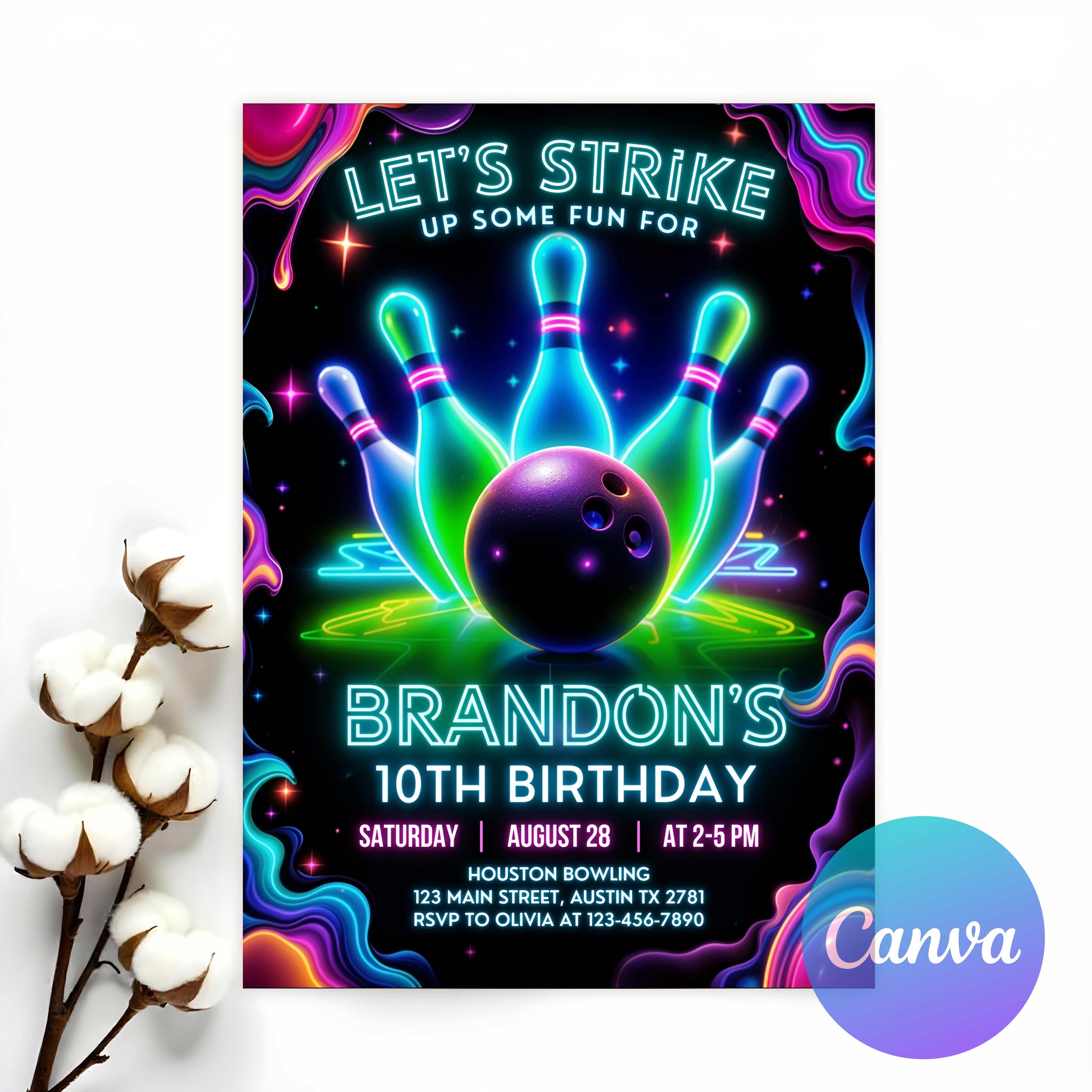 Editable Bowling Birthday Invitation, Glow Bowling Invitation, Neon ...