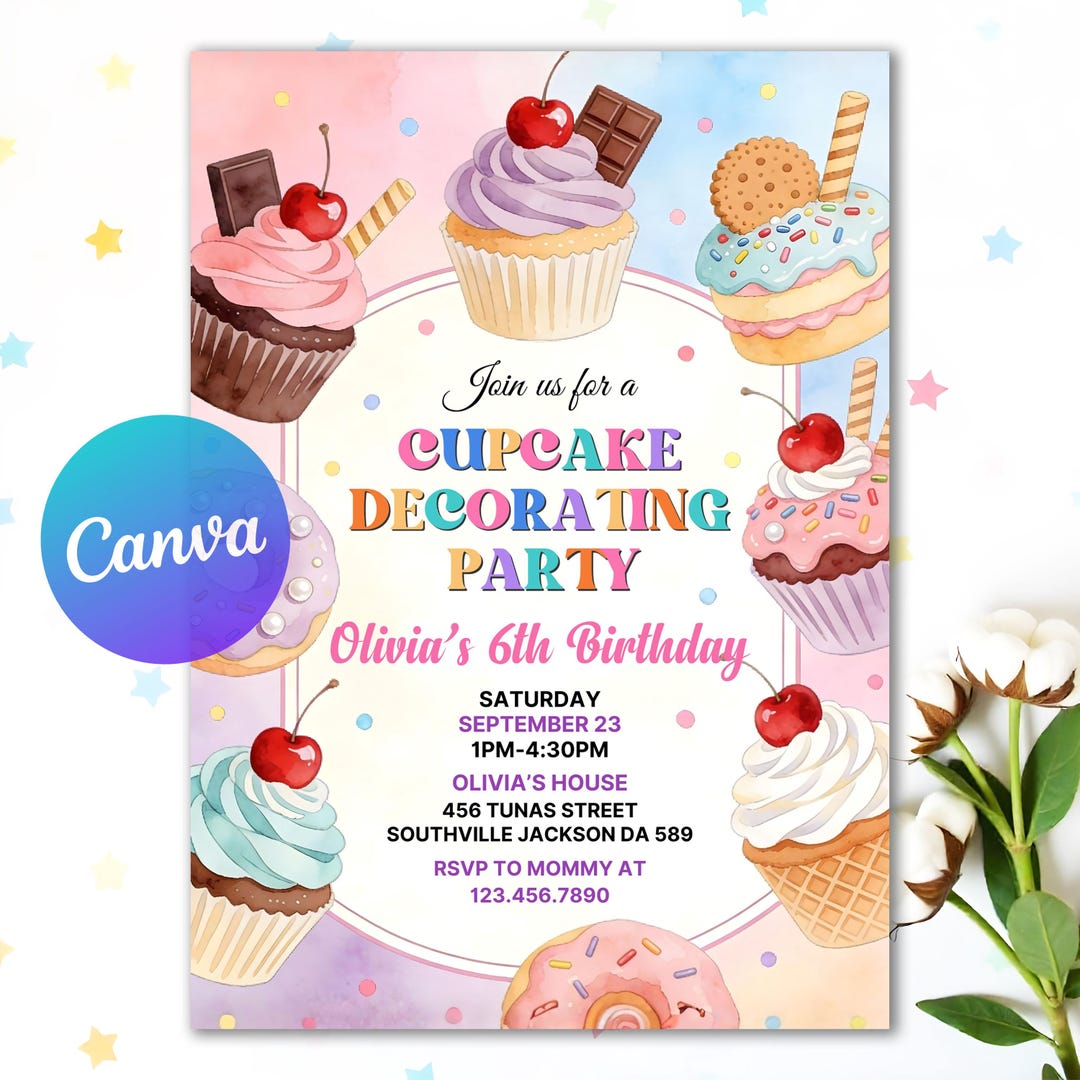 Editable Cupcake Birthday Invitation, Cupcake Decorating Party Invite ...