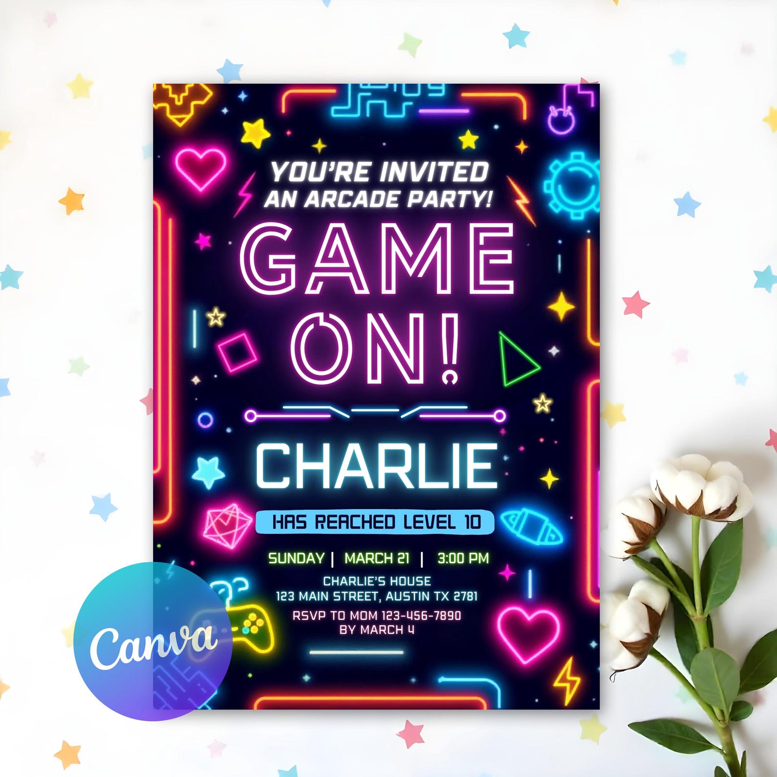 Arcade Invitation, Arcade Birthday Invitation, Arcade Neon Game Invite ...