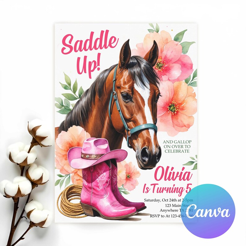Horse Birthday Invitation, Girl Horse Birthday Invitation, Cowgirl ...