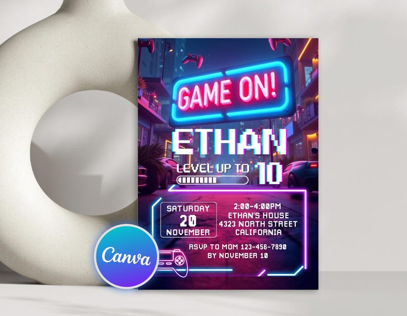 EDITABLE Video Game Party Invitation, Gamer Birthday Invite, Neon Glow ...