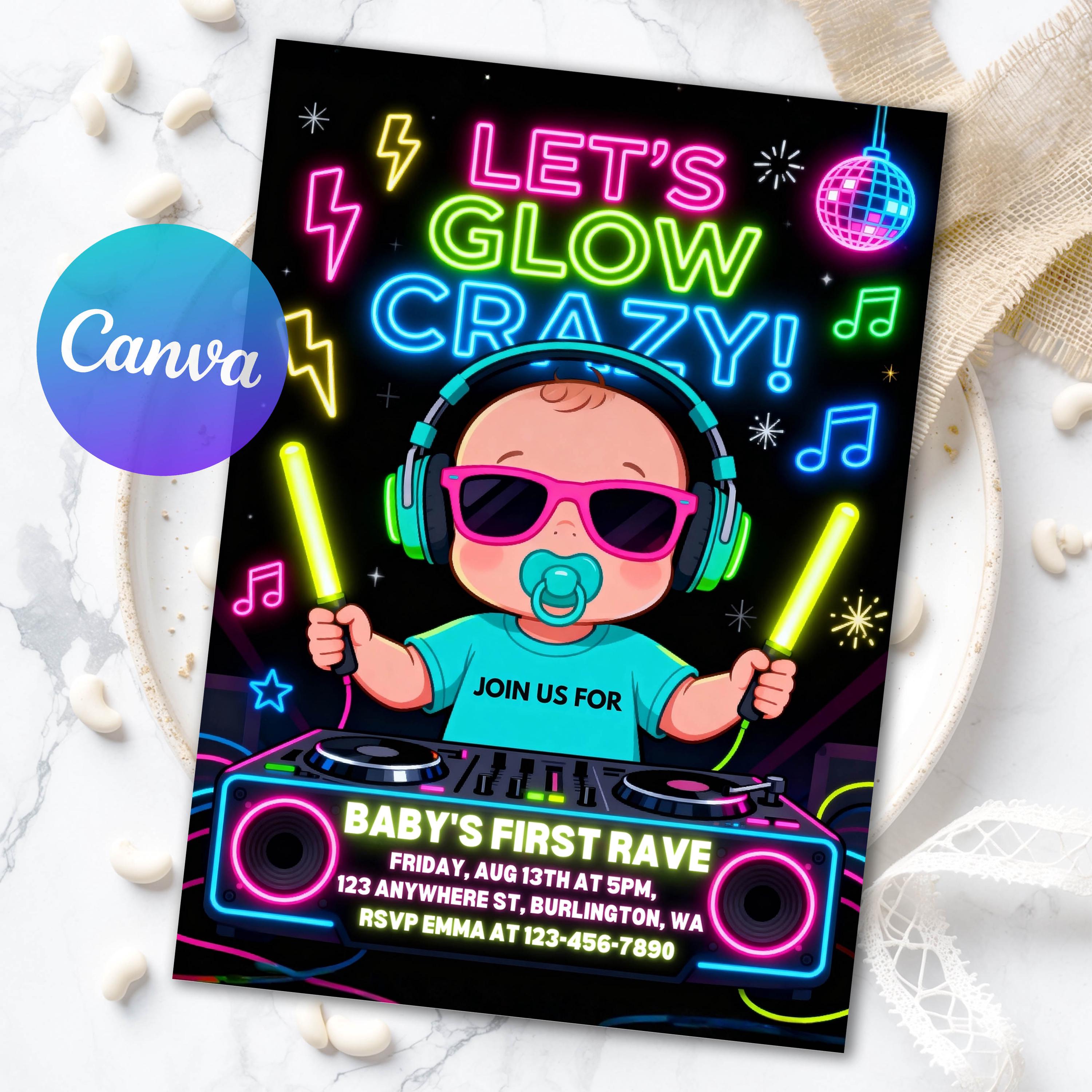 Glow Baby Rave Party Invitation, Baby's First Rave Invitation, 1st ...