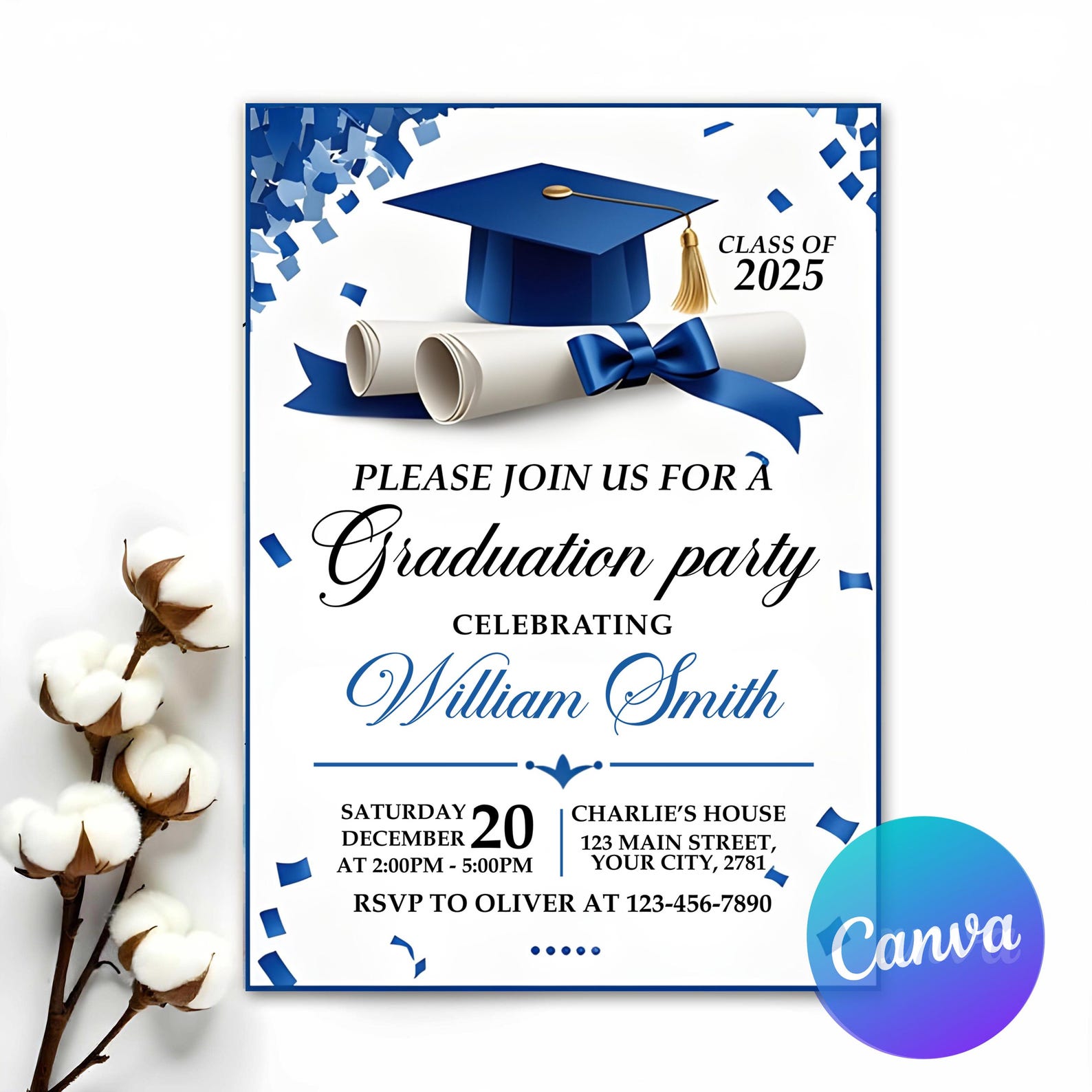 Graduation Party Invitation, Class of 2025 Invite, Blue Graduation ...