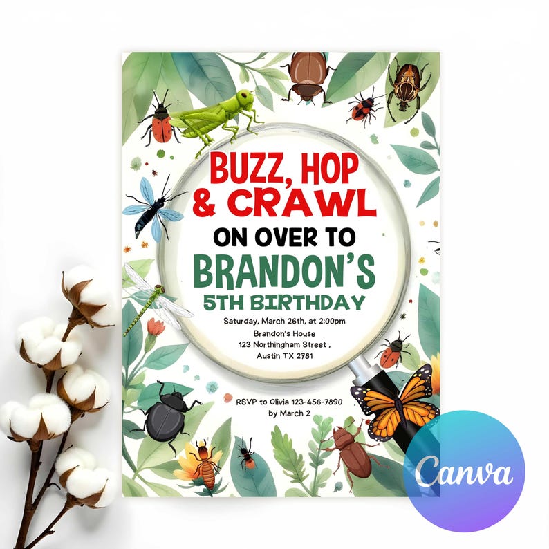 Insect Bugs Birthday Invitation, Buzz Hop Crawl, Nature Theme Party ...