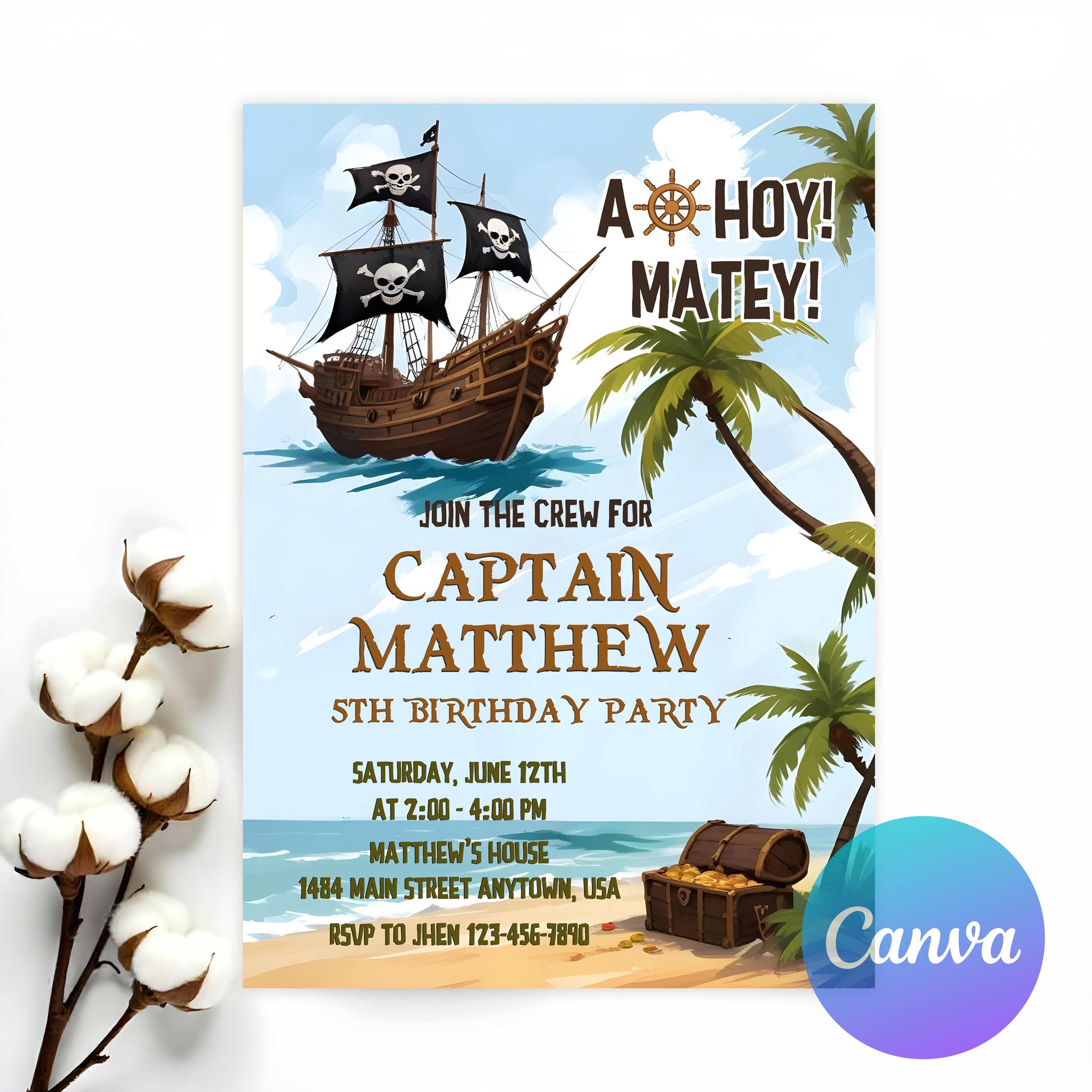 Pirate Birthday Invitation, Pirate Party Invite Printable, Ahoy Pirates ...