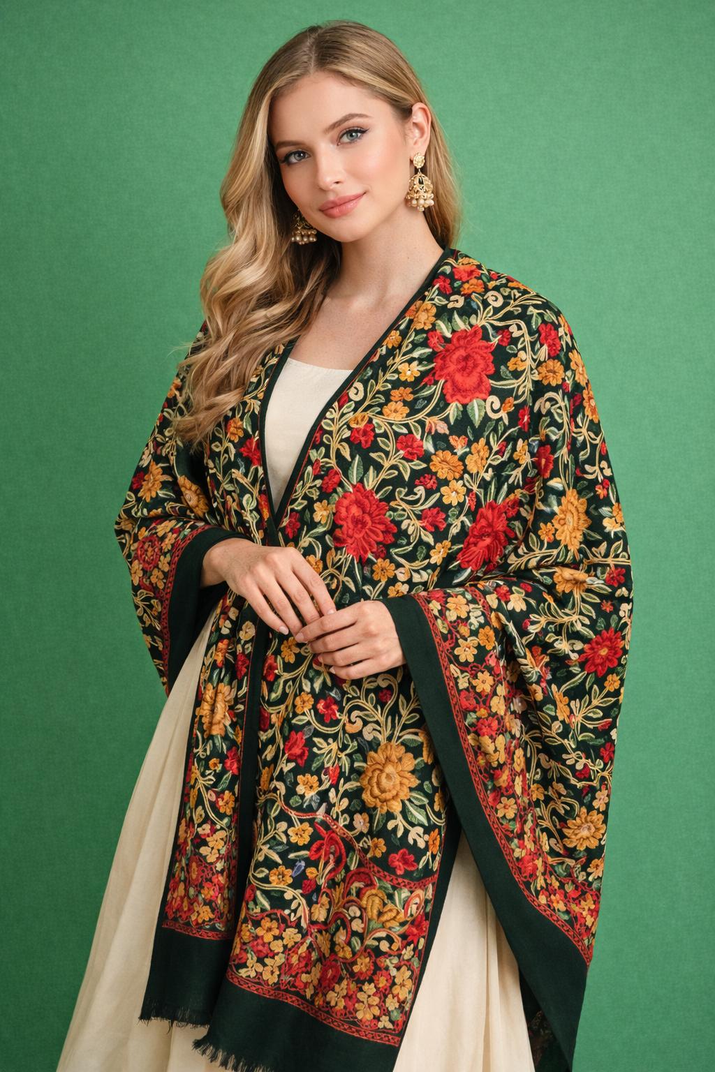 Black Kashmiri Embroidered Stole | Luxury Floral & Pashmina Style Wrap ...