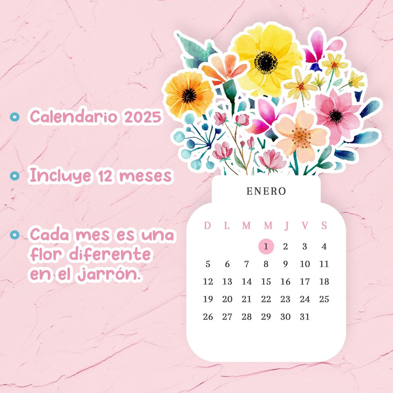 Calendario Floral 2025 | Calendario de escritorio imprimible, frasco ...