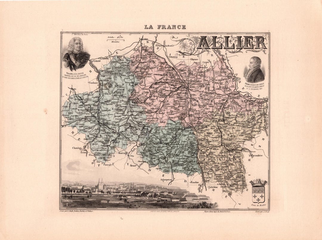 Old Map of Allier – Atlas Migeon 1897 – Decorative Engraving 19th ...