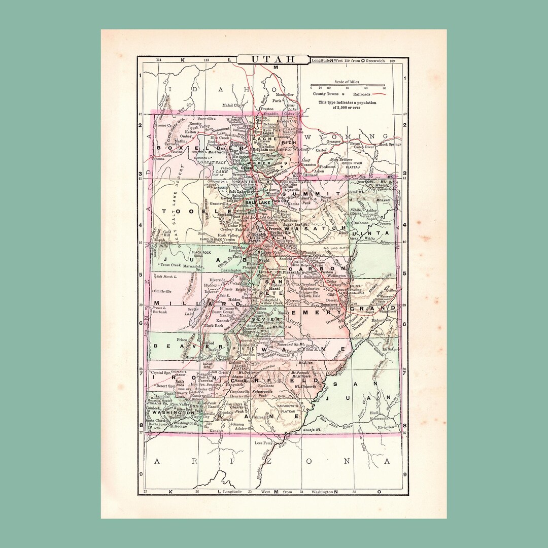 Antique Map of Utah (1896 Vintage Steel Engraving) / Ancienne Carte De ...