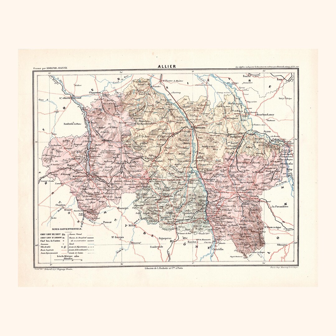 Old Map of Allier – Adolphe Joanne 1870 – 19th Century Decorative ...