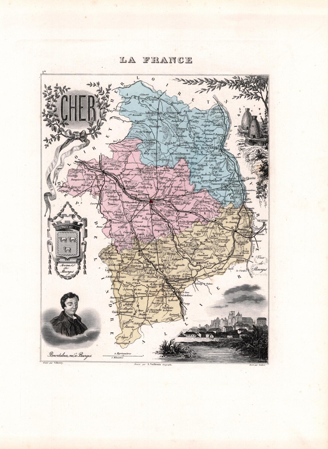 Old Map of Cher – Atlas Migeon 1872 – Decorative Engraving 19th Century ...