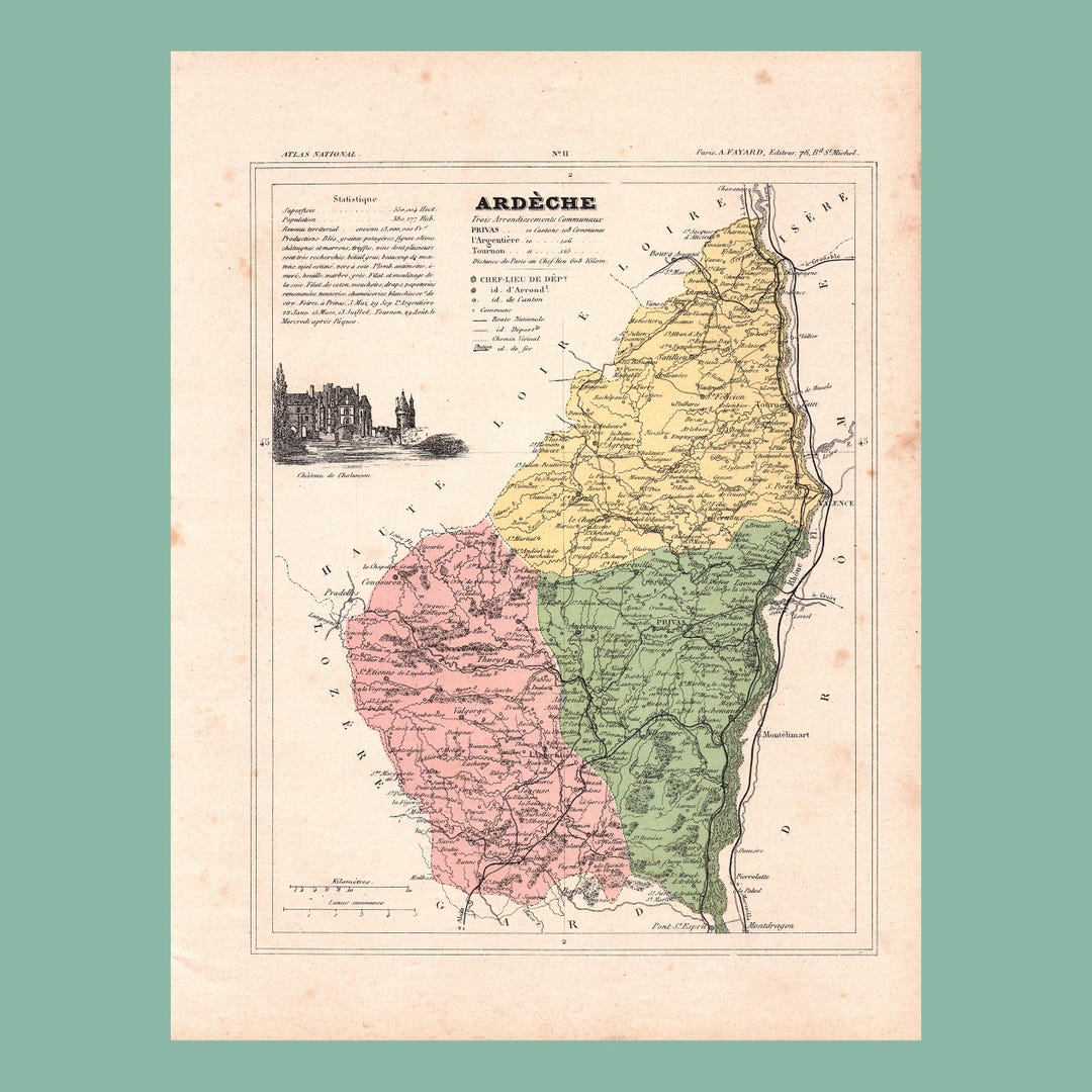 Old Map of Ardèche (1896) – Engraving by F. De La Brugère, National ...