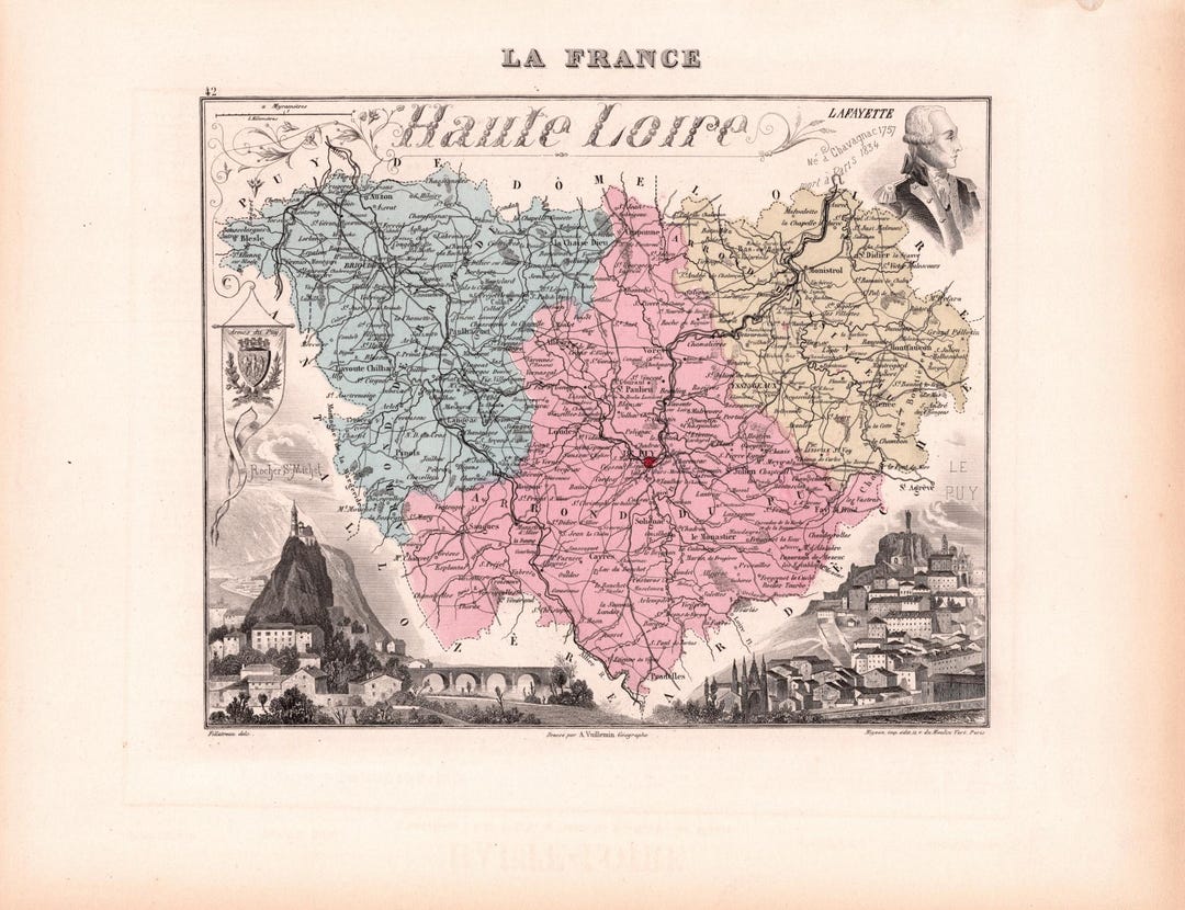 Old Map of Haute-loire – Atlas Migeon 1882 – Decorative Engraving 19th ...
