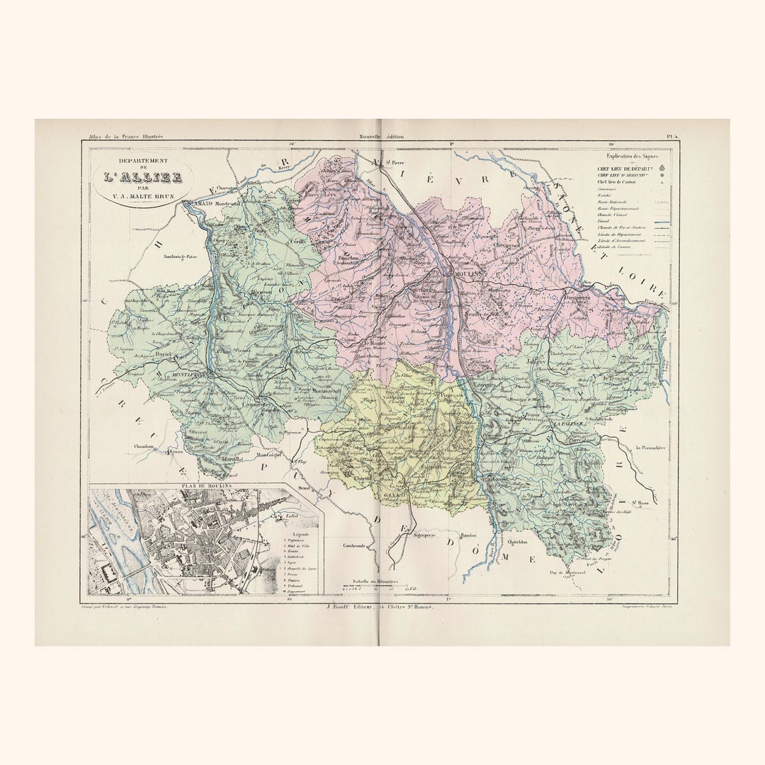 Old Map of Allier – V.A. Malte-brun 1882 – 19th Century Decorative ...