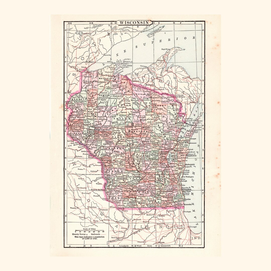 Antique Wisconsin Map – Historic United States Map – Original Engraving ...