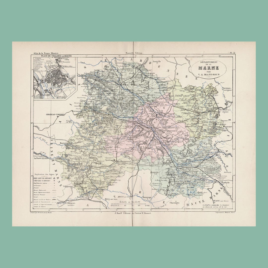 Old Map of the Marne – V.A. Malte-brun 1882 – 19th-century Engraving ...
