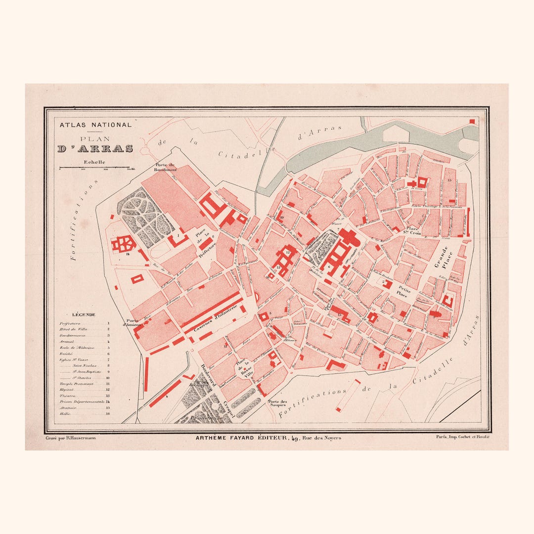 Antique City Plan of Arras – Historic Urban Map 1880 – 19th Century ...
