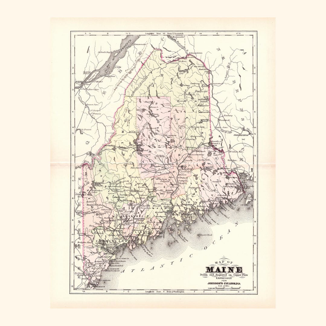 Map of Maine (1896) / Original Engraving / Authentic 19th Century Piece ...