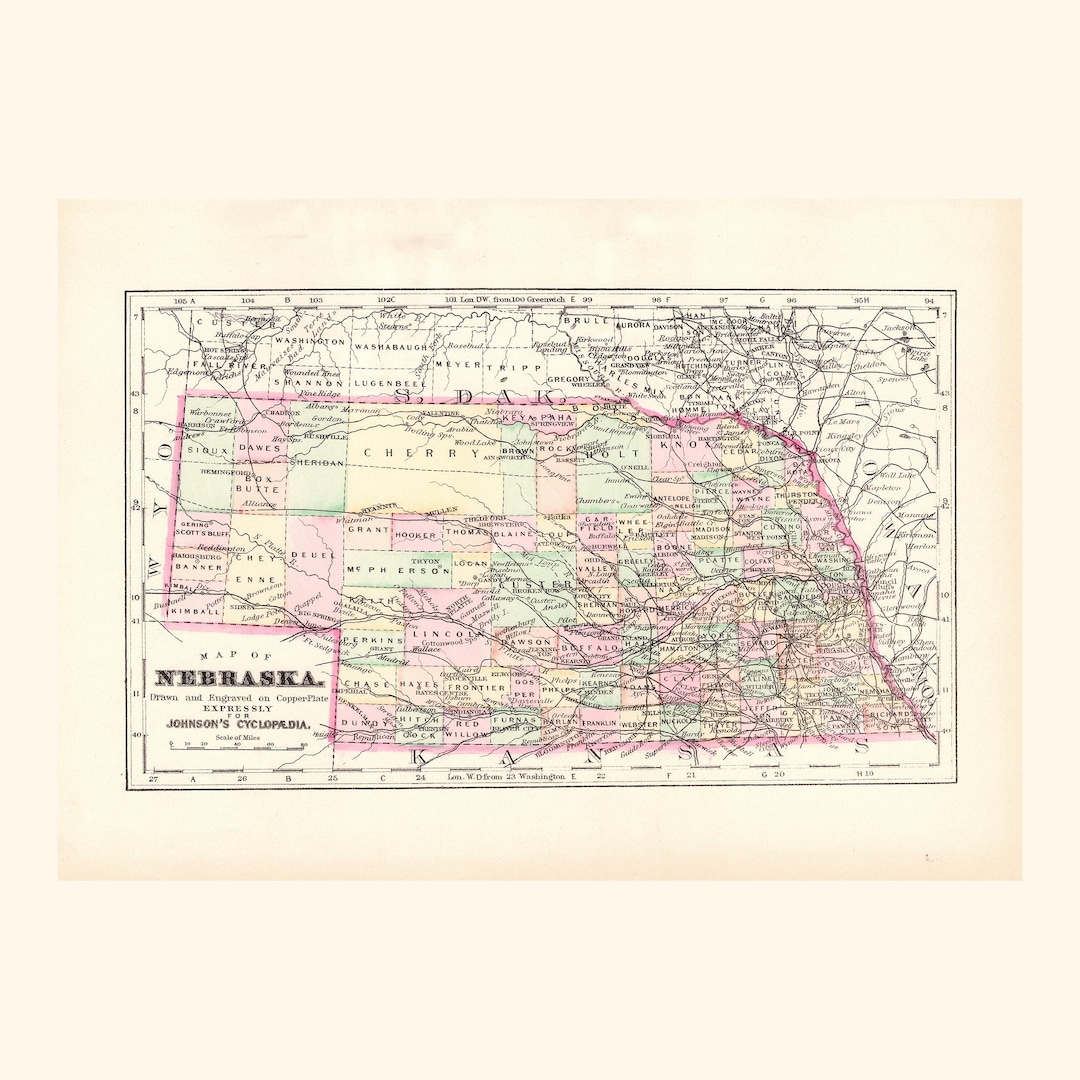 Antique Map of Nebraska (1896 Vintage Steel Engraving) / Ancienne Carte ...