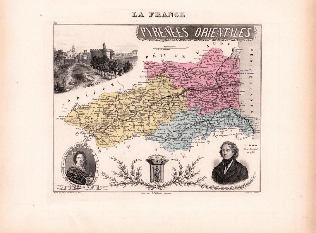 Old Map of the Pyrénées-orientales – Atlas Migeon 1872 – 19th Century ...