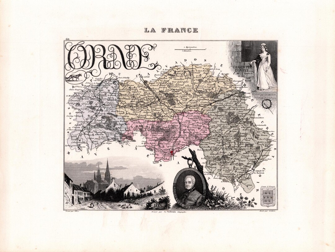 Alte Karte von Orne – Atlas Migeon 1872 – dekorative Gravur aus dem 19 ...