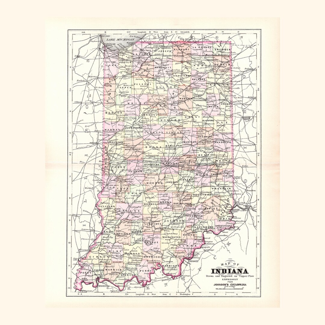 Map of Indiana (1896) / Original Engraving / Authentic 19th Century ...