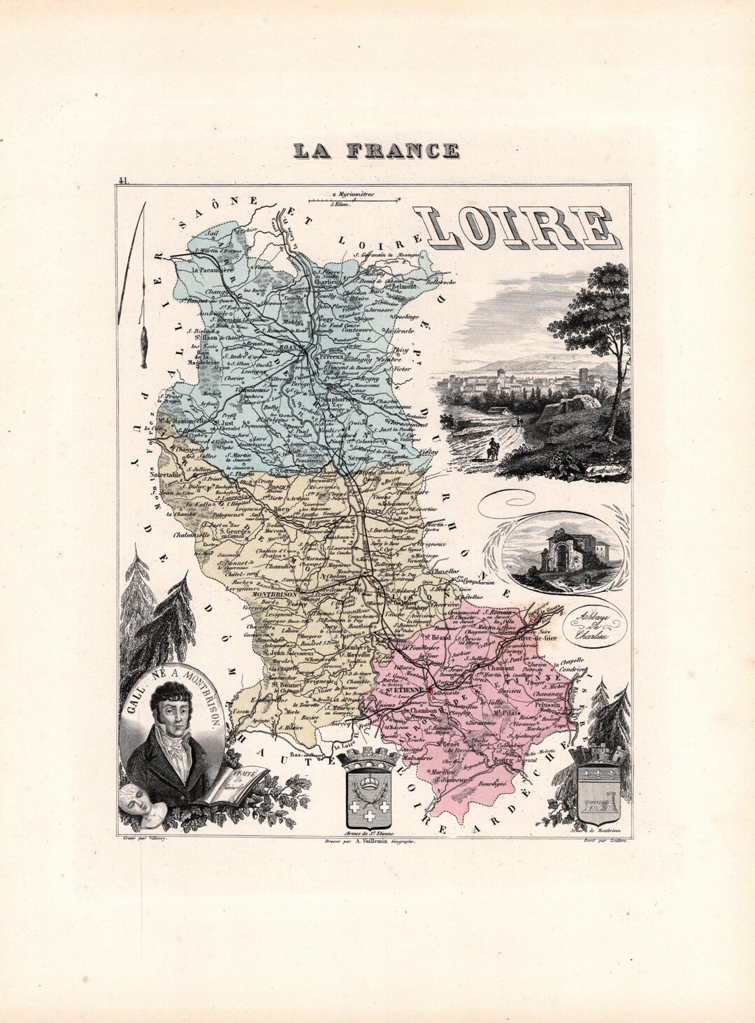 Alte Karte der Loire – Migeon-Atlas 1872 – dekorative Gravur aus dem 19 ...