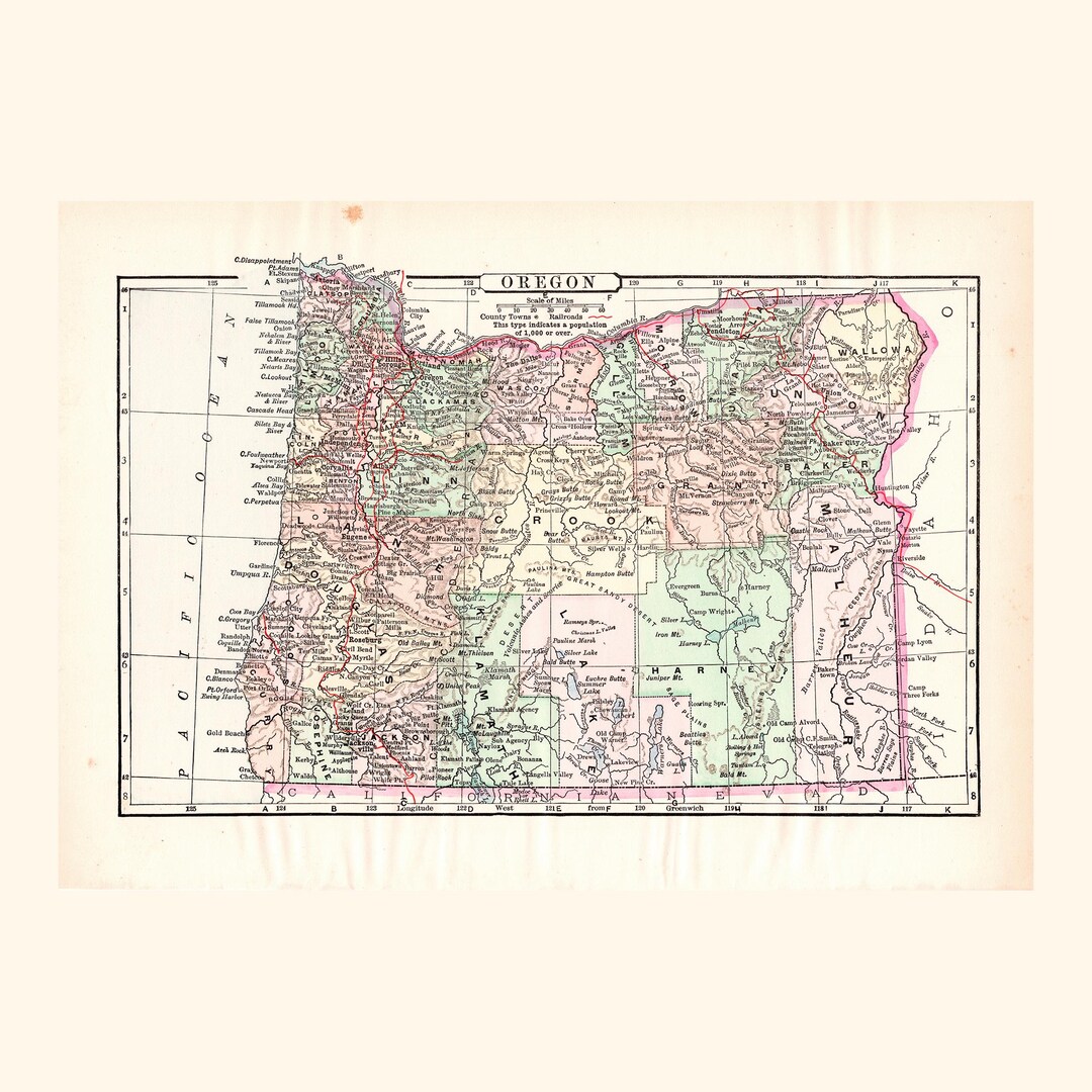 Antique Map of Oregon (1896 Vintage Steel Engraving) / Ancienne Carte ...