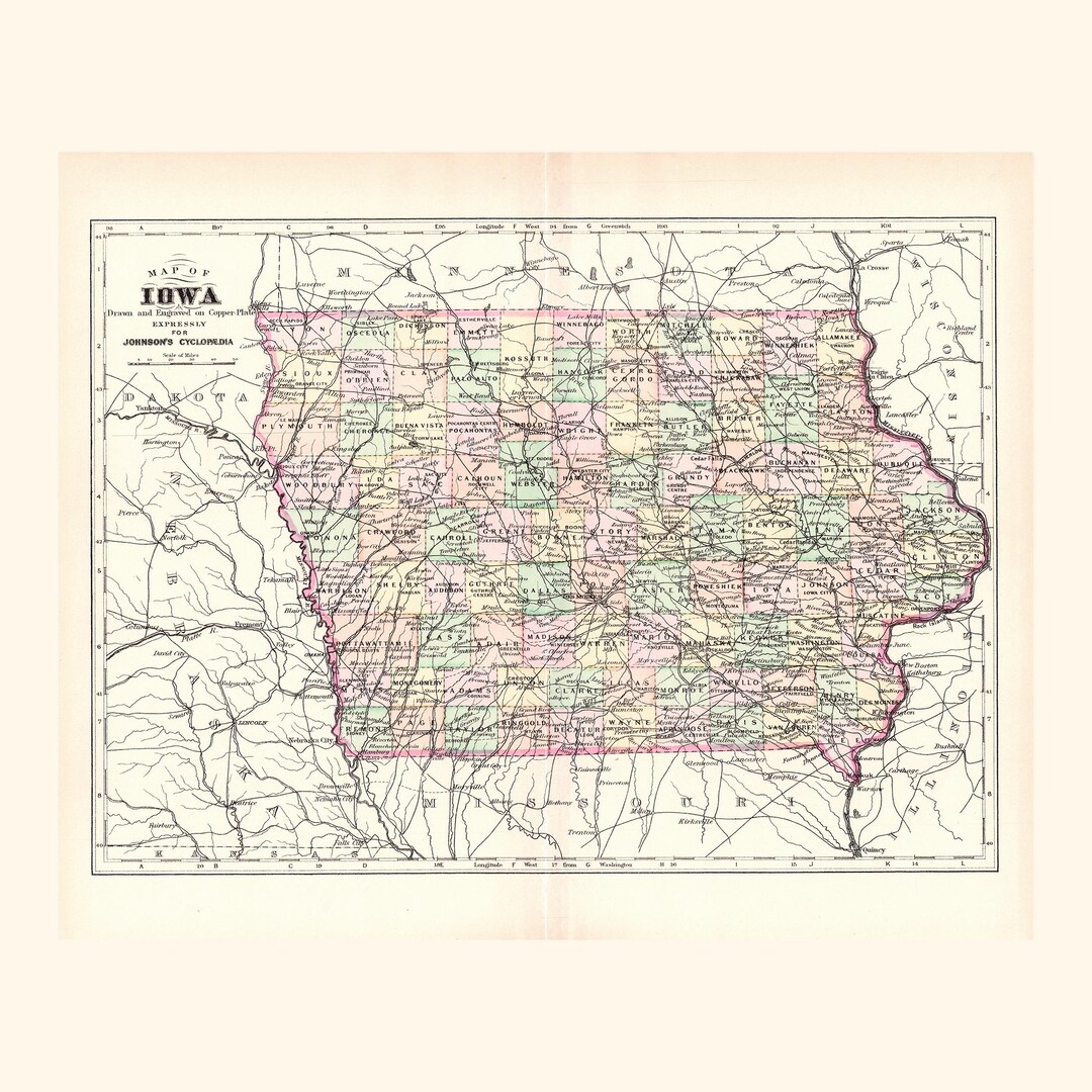 Antique Iowa Map – Historic United States Map – Original Engraving 1896 ...