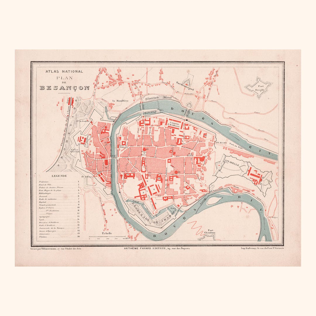 Antique Map of Besançon (1880) – Steel Engraving – Historic City Plan ...