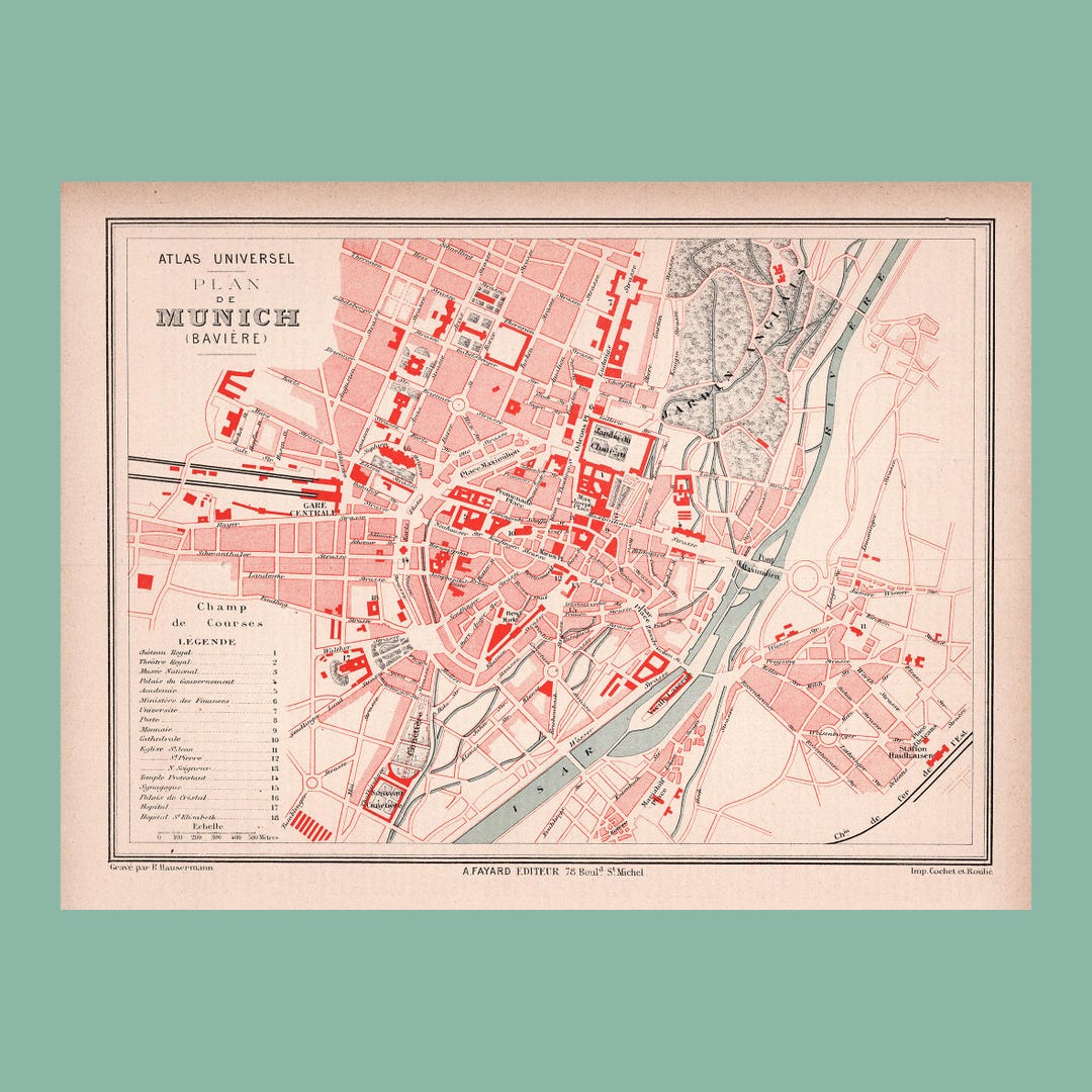Old Map of Munich 1877 Authentic Plan / Rare 1877 Map of Munich Original Plan / Seltene Karte ...