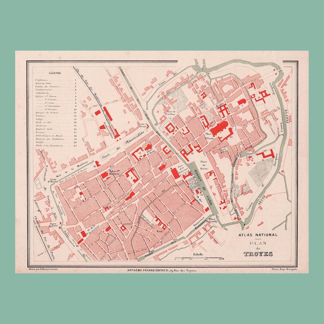 Antique City Plan of Troyes – Historic Urban Map 1880 – 19th Century ...