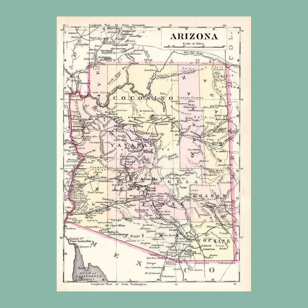 Authentic 1896 Map of Arizona 19th Century Historical U.S. State Plan ...