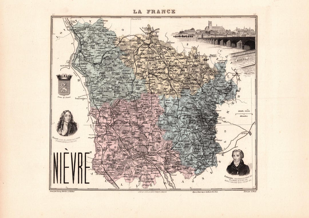 Carte ancienne de la Nièvre – Atlas Migeon 1897 – Gravure décorative ...