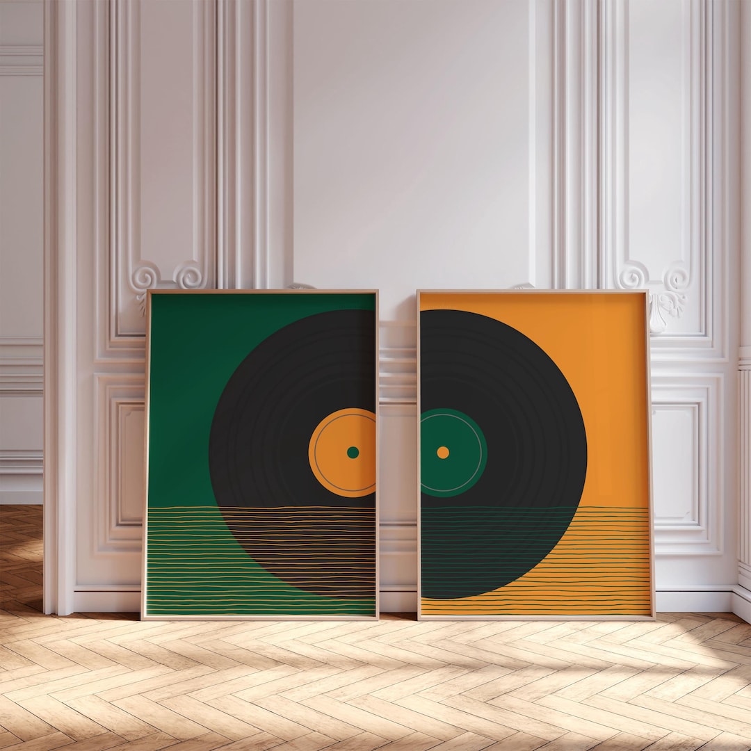 Vinyl Record Set Print: Green & Yellow Music Room Decor (digital ...